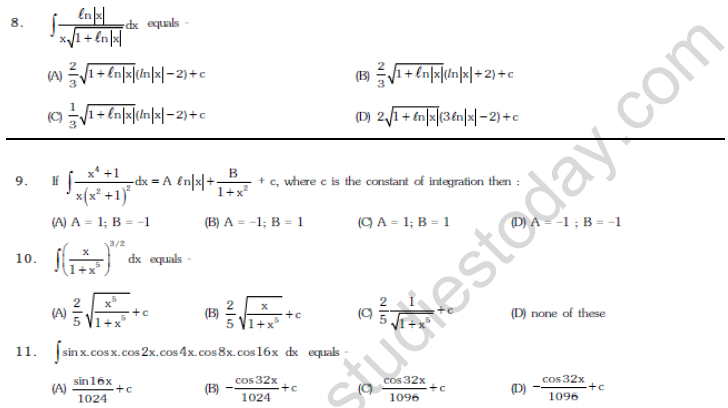 JEE Mathematics Indefinite Integrals MCQs Set B with Answers